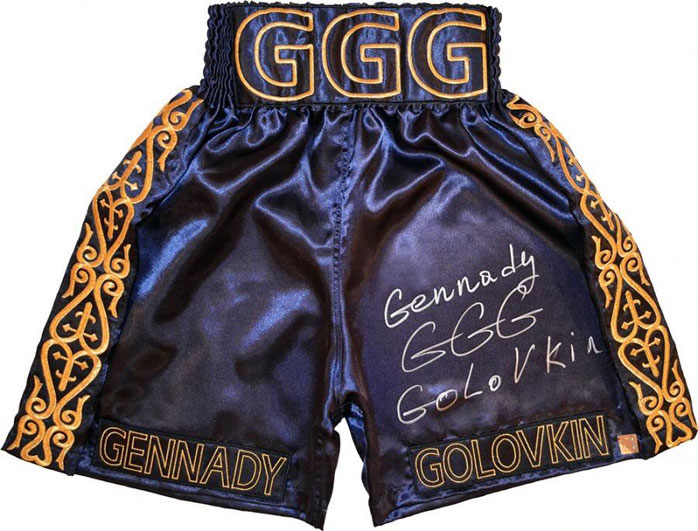 Gennady "GGG" Golovkin Signed Navy & Gold Boxing Robe and Fight Trunks ...